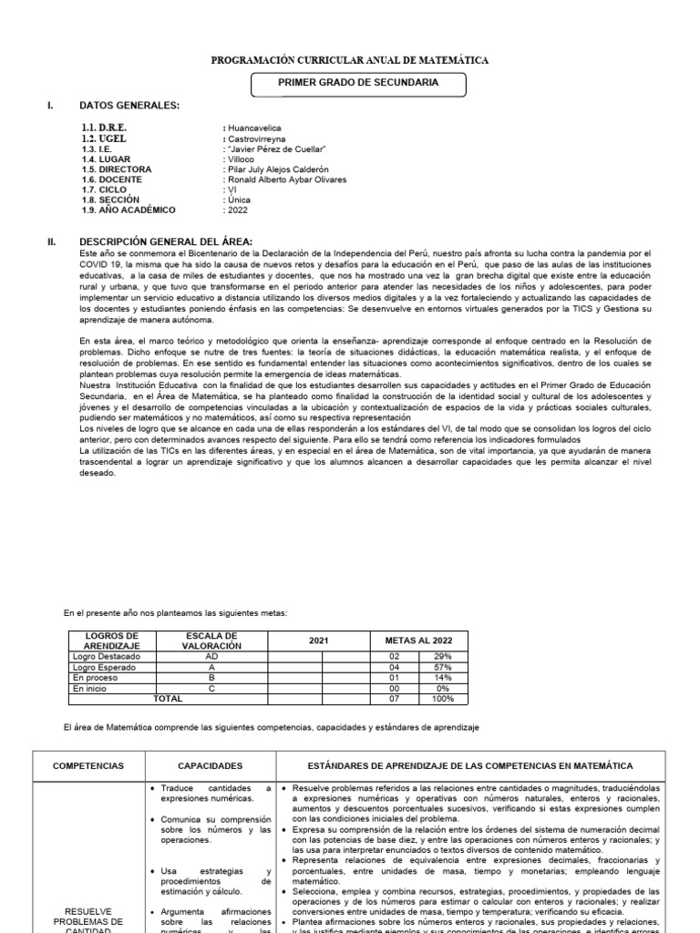 Plan Anual Matemática 1° Sec Final Pdf Geometría Ecuaciones 4983