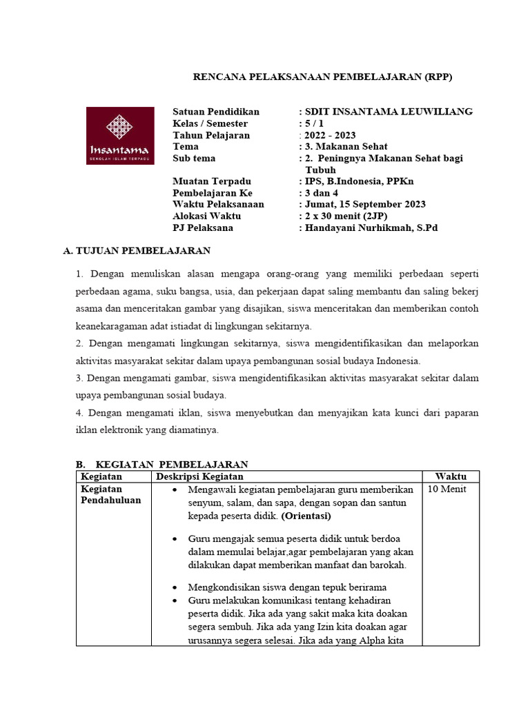 RPP Tema 3 Kelas 5 Sub 2 PB 3-4 | PDF | Karier & Perkembangan