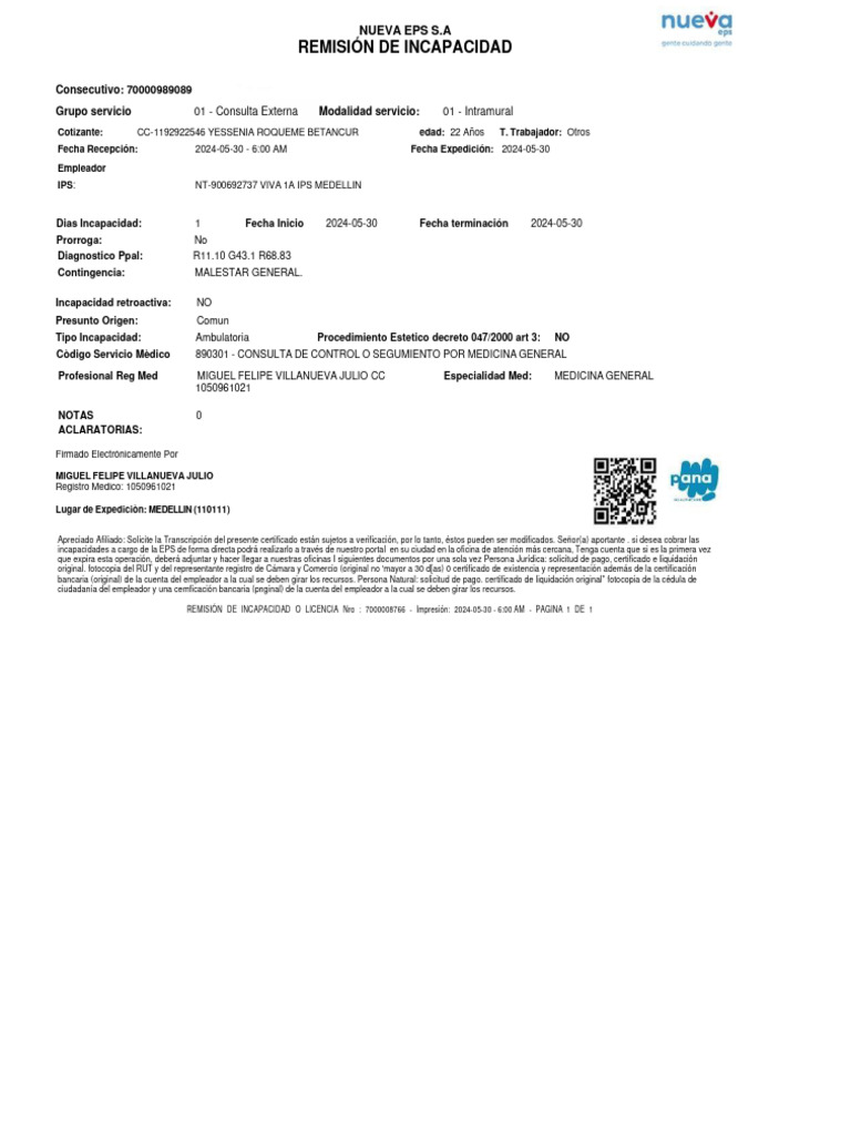 Incapacidad Nueva Eps Act Yessenia | PDF