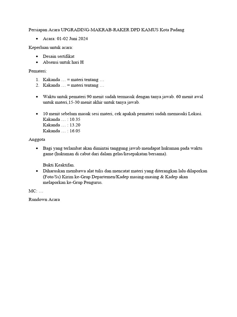 Persiapan Acara-UPGRADING Sementara | PDF