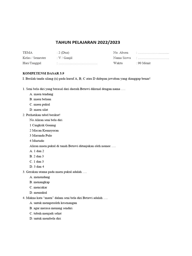 Soal PTS PLBJ Kelas 5 SD 2022/2023 | PDF | Sains & Matematika