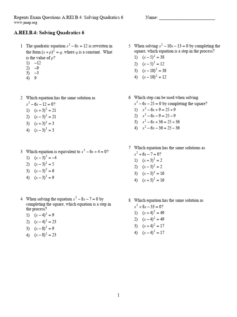 Regents Exam Quadratics Practice | PDF | Quadratic Equation | Mathematics