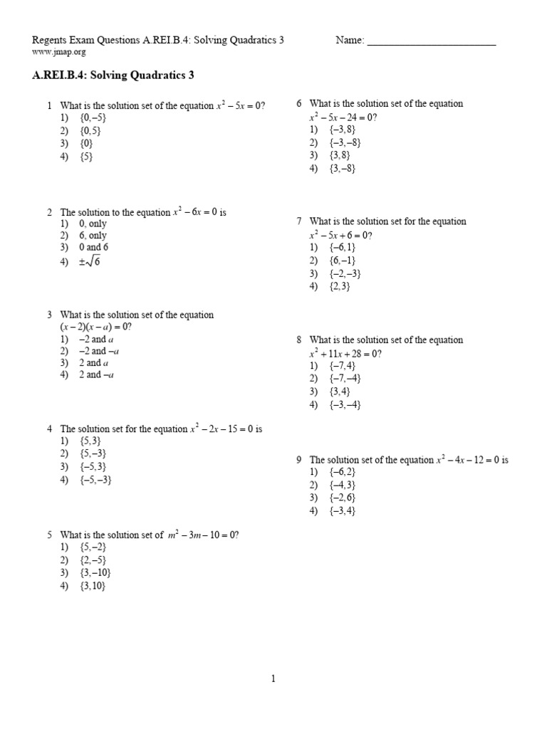 Regents Exam Quadratic Solutions | PDF | Quadratic Equation | Equations