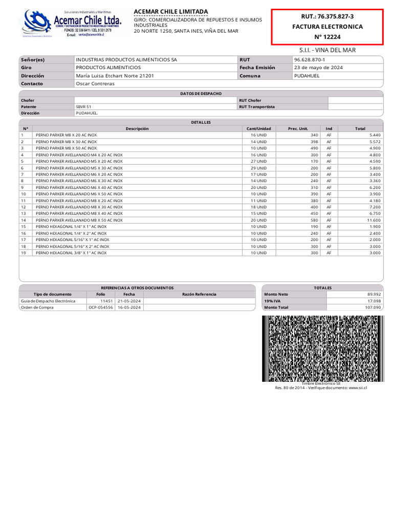 Factura Acemar Nº 12224 | PDF
