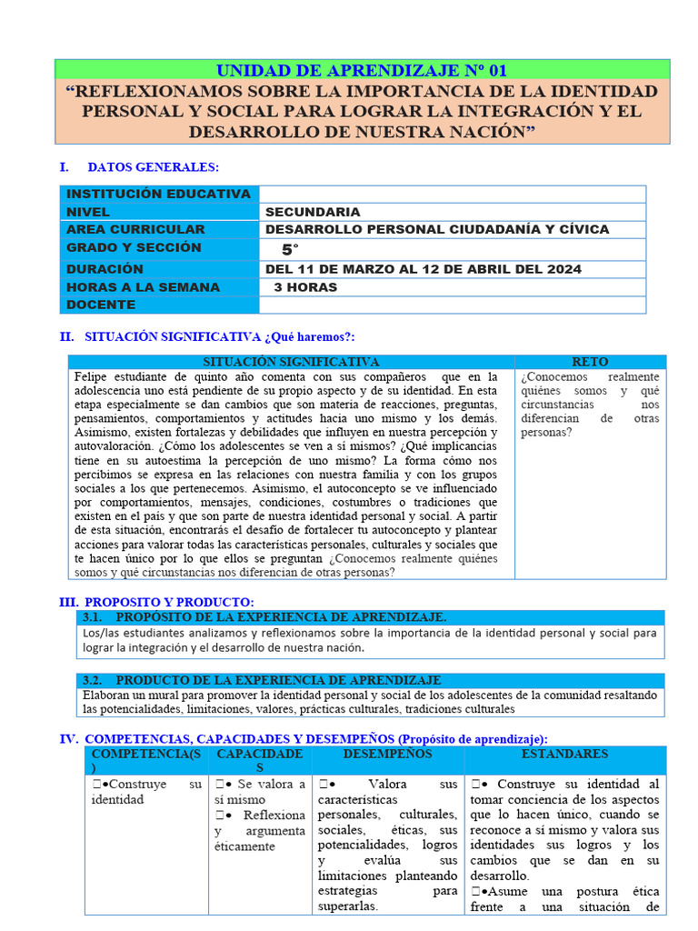 UNIDAD 1 DPCC 5° 2024. | PDF | Evaluación | Aprendizaje