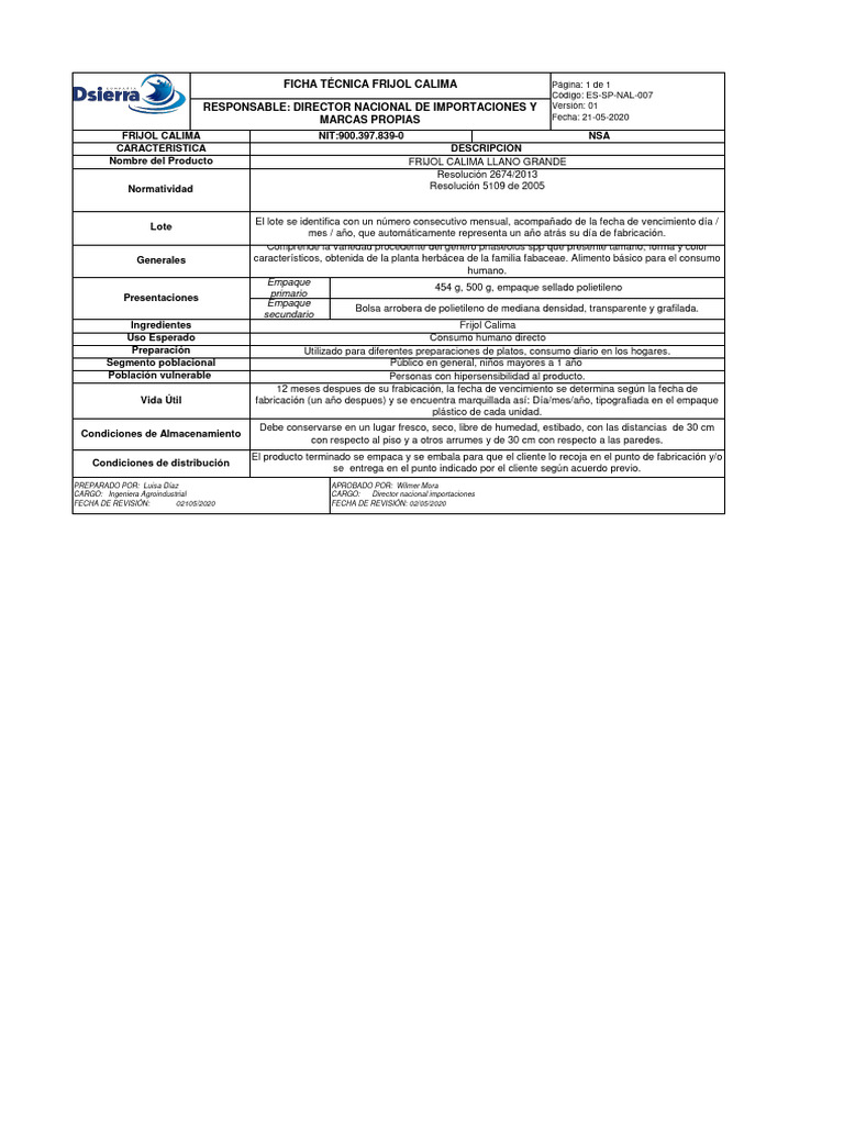 FT Frijol Calima Llano Grande | PDF | Frijol