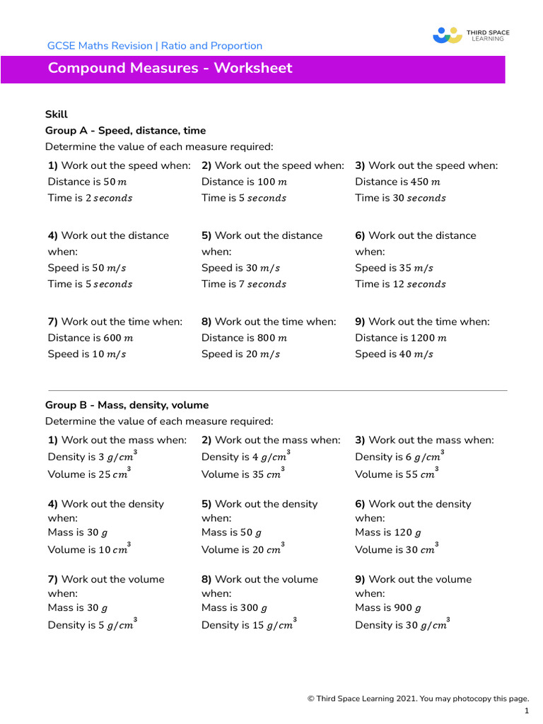 Third Space Learning Compound Measures GCSE Worksheet | PDF | Density ...