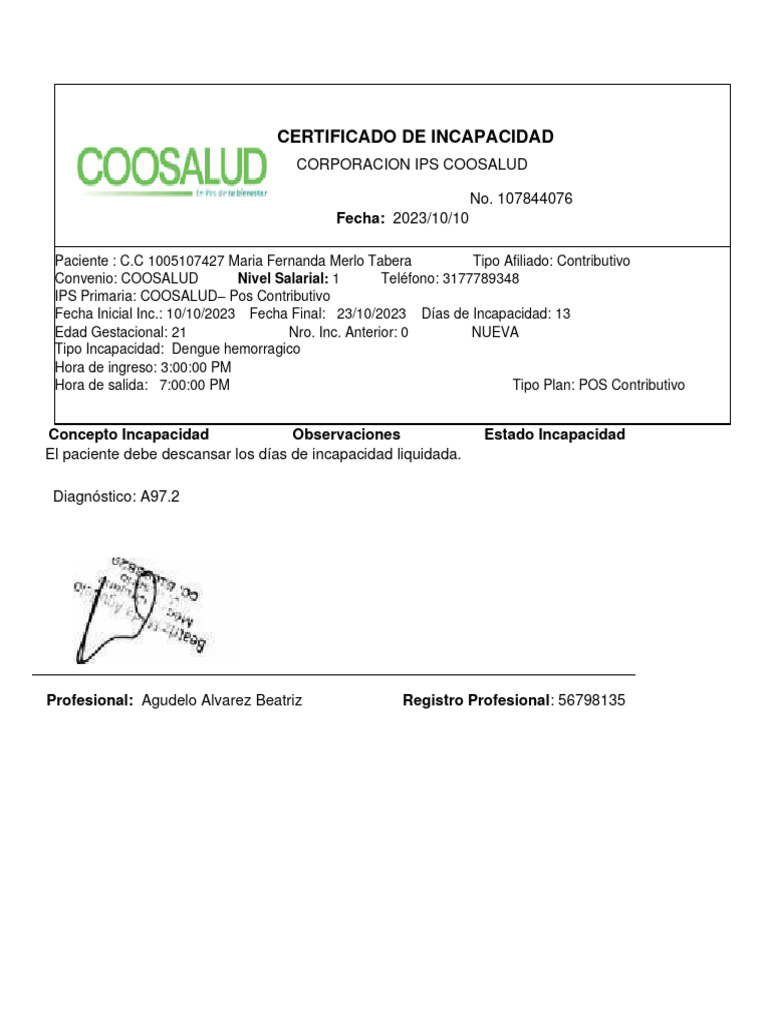 Certificado de Incapacidad Coosalud | PDF