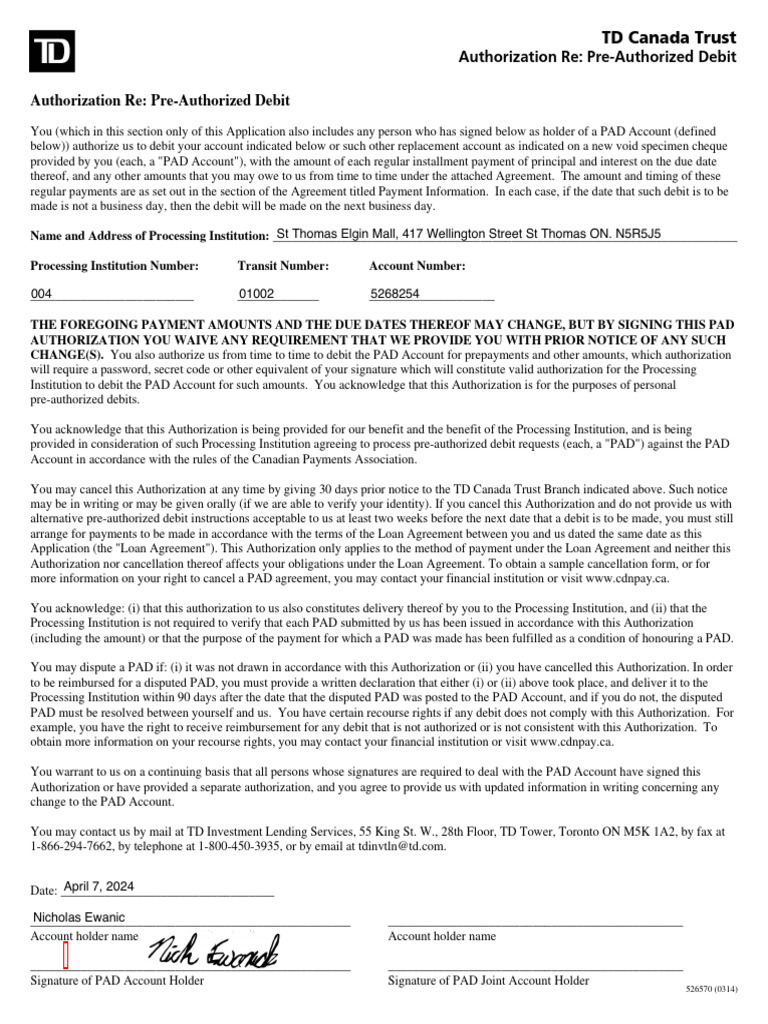 Authorization Re: Pre-Authorized Debit: TD Canada Trust | PDF | Debit ...