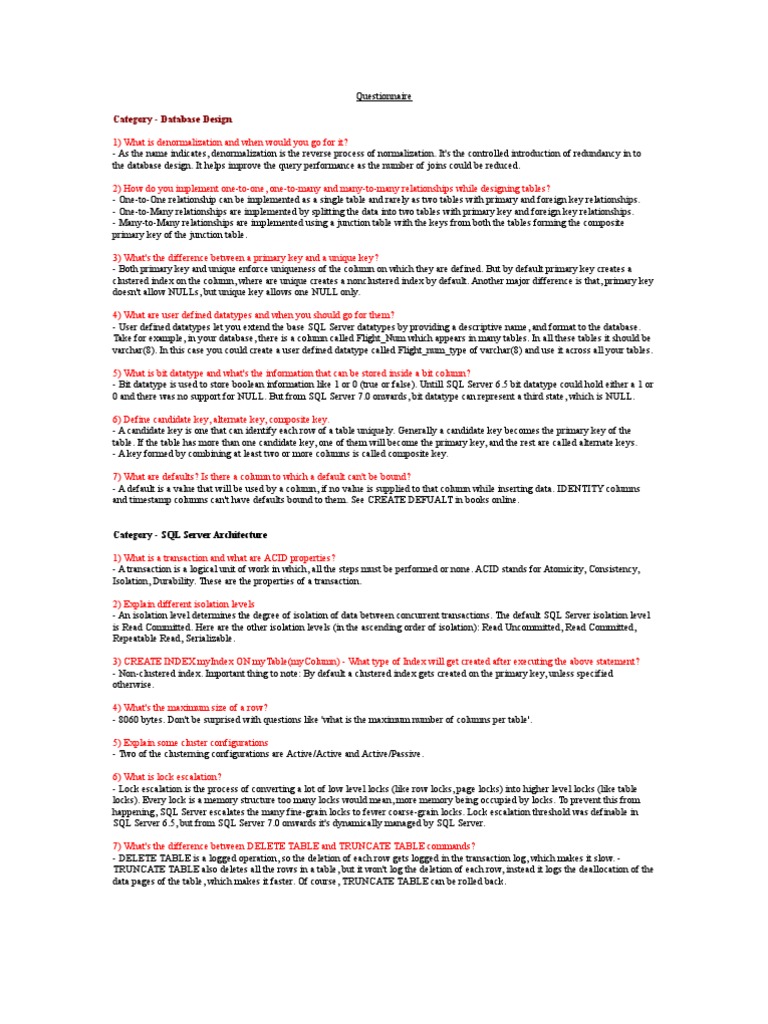 SQL Server Questionnaire-I | PDF | Database Index | Microsoft Sql Server