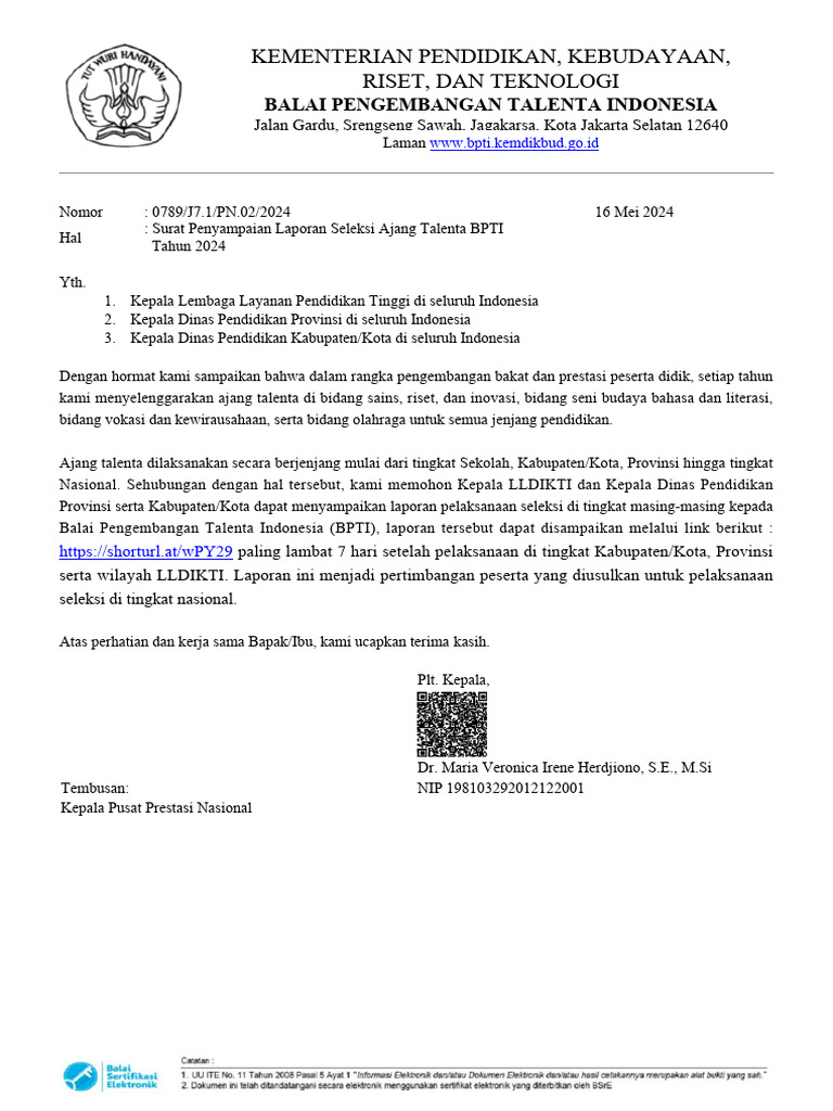 Surat Penyampaian Laporan Seleksi Ajang Talenta BPTI Tahun 2024 | PDF