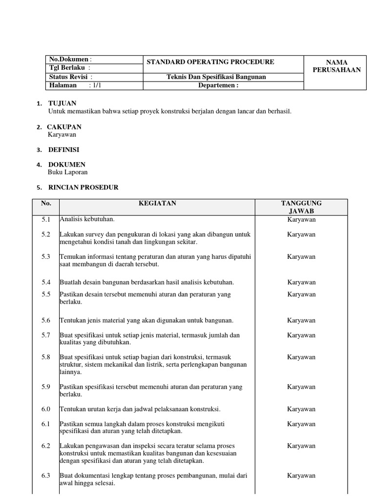 SOP Prosedur Teknis Dan Spesifikasi Bangunan | PDF | Teknologi & Rekayasa