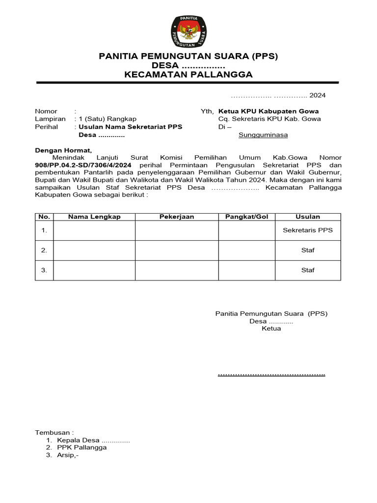 Format Usulan Sek PPS Pilkada 2024 | PDF