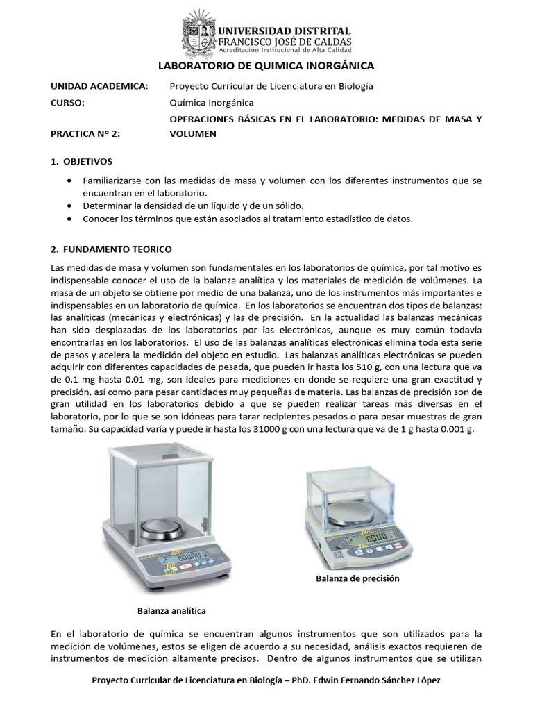 Pract# 2 Operaciones Basicas en El Laboratorio - Medidas de Masa y Volumen | PDF | Medición ...