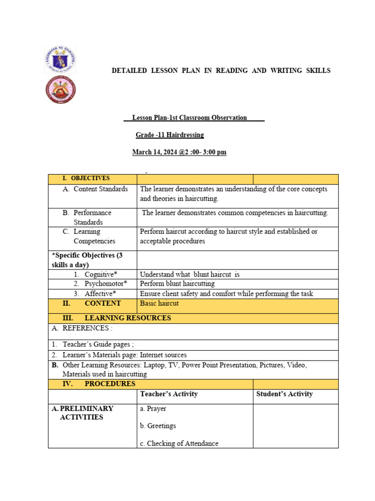 Detailed Lesson Plan in Hairdressing Ncii | PDF | Learning | Lesson Plan