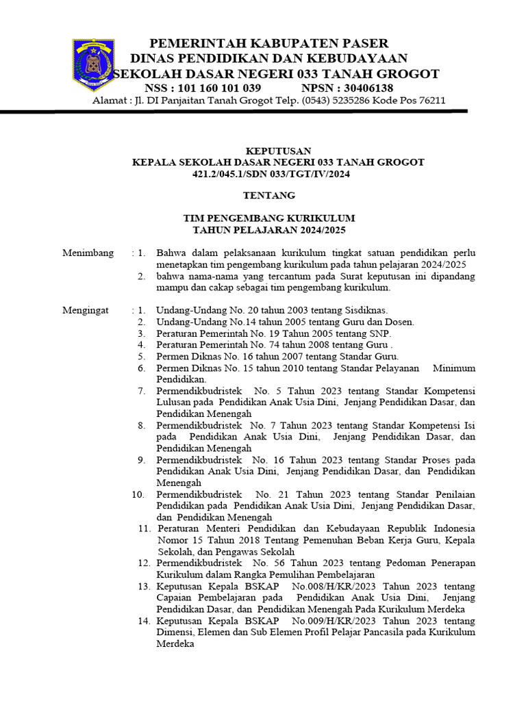 SK Tim Pengembang Kurikulum 2024-2025 | PDF | Karier & Perkembangan | Kesehatan Holistik