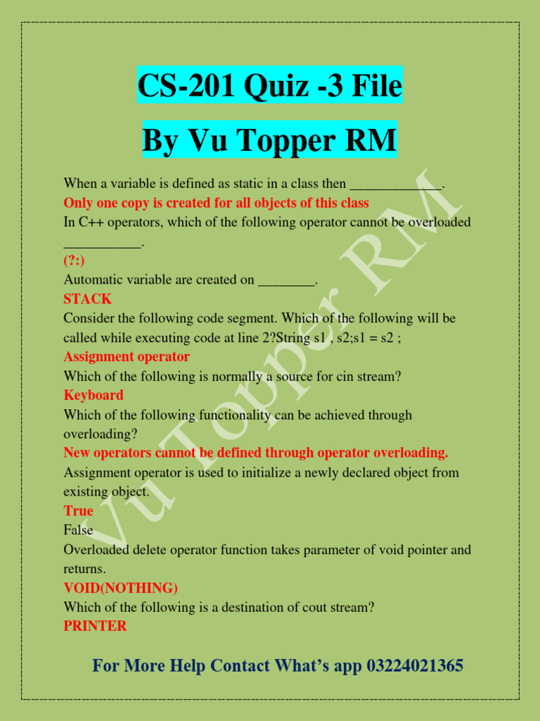 CS201 Quiz-3 by Vu Topper RM-2 | PDF | Pointer (Computer Programming ... CS201 Quiz-3 by Vu Topper RM-2 | PDF | Pointer (Computer Programming ...