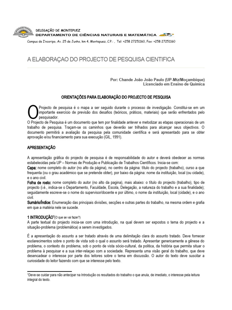 Orientacao para Elaboracao de Projecto de Pesquisa | PDF | Science | Método científico