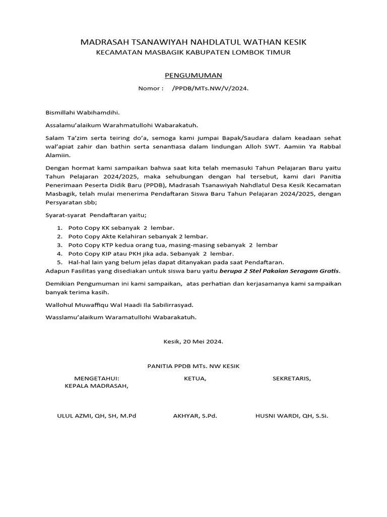 Pengumuman PPDB 2024-2025 | PDF