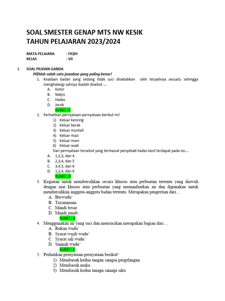 Soal Fiqih KLS 7 Genap MTS 2023-2024 | PDF