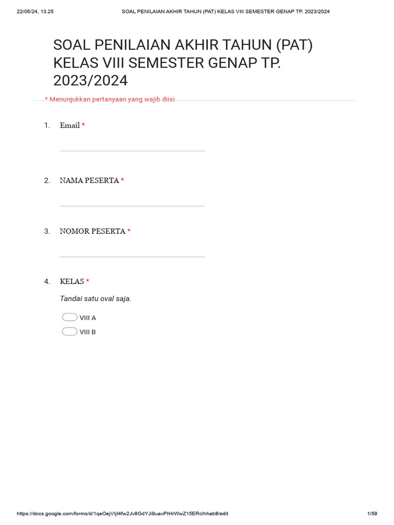 SOAL PAT KELAS VIII SEMESTER GENAP TP. 2023 - 2024 - Google Formulir | PDF