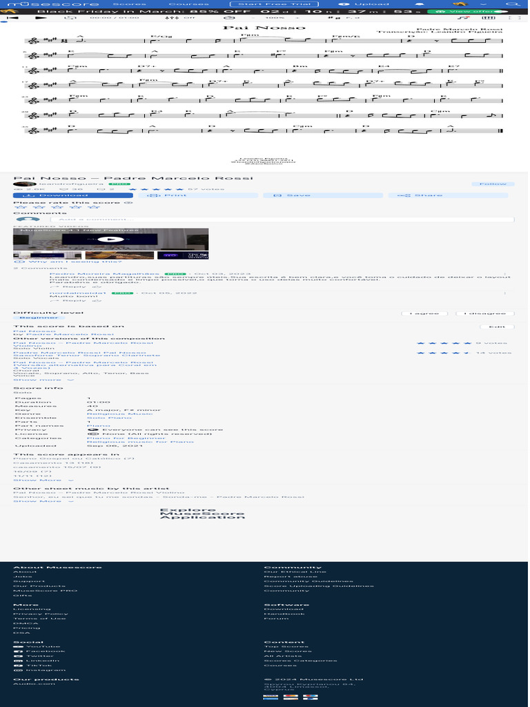 Pai Nosso - Padre Marcelo Rossi Sheet Music For Piano (Solo) Easy | PDF | Quartet | Musicology