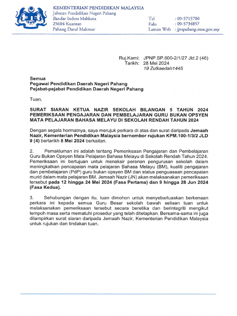 Surat Siaran Ketua Nazir Sek Bil.5 THN 2024 Pemeriksaan Pengajaran ...