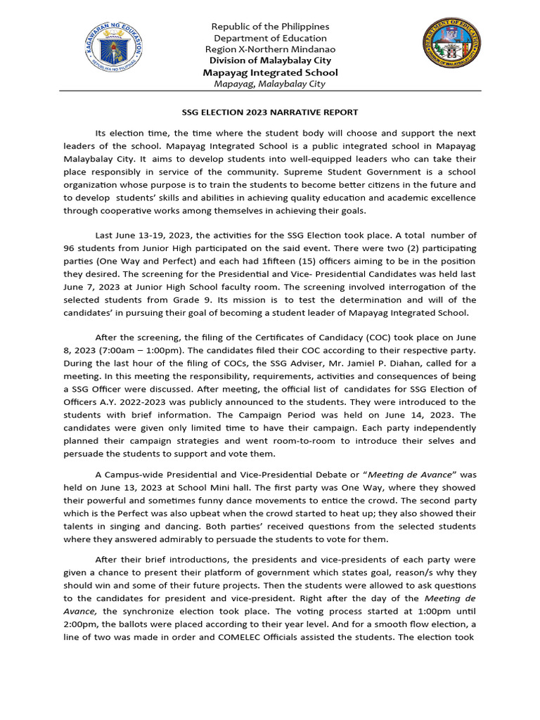 SSG Election Narrative Report | PDF | Democracy | Political Ideologies