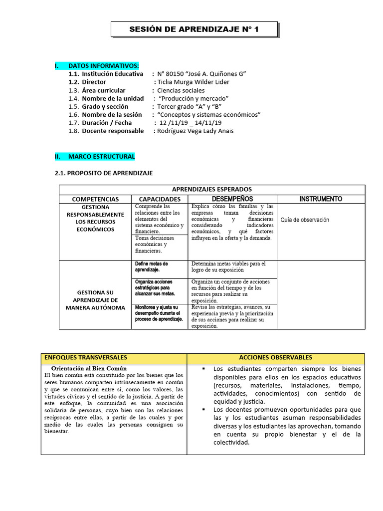 Sesión de Aprendizaje 1 Conceptos y Sistemas Económicos | PDF | Maestros | Aprendizaje