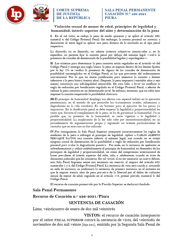 Casacion 426 2021 Piura LPDerecho | PDF | Derecho penal | Castigos Casacion 426 2021 Piura LPDerecho | PDF | Derecho penal | Castigos