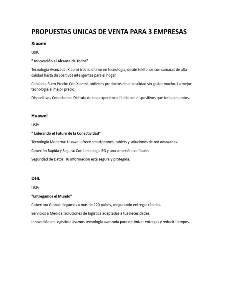 Propuestas Unicas de Venta para 3 Empresas | PDF