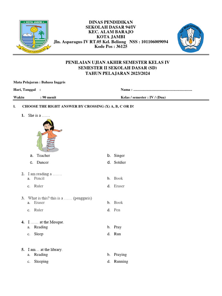 Ujian Semester 2 Kelas 4 Bahasa Inggris | PDF