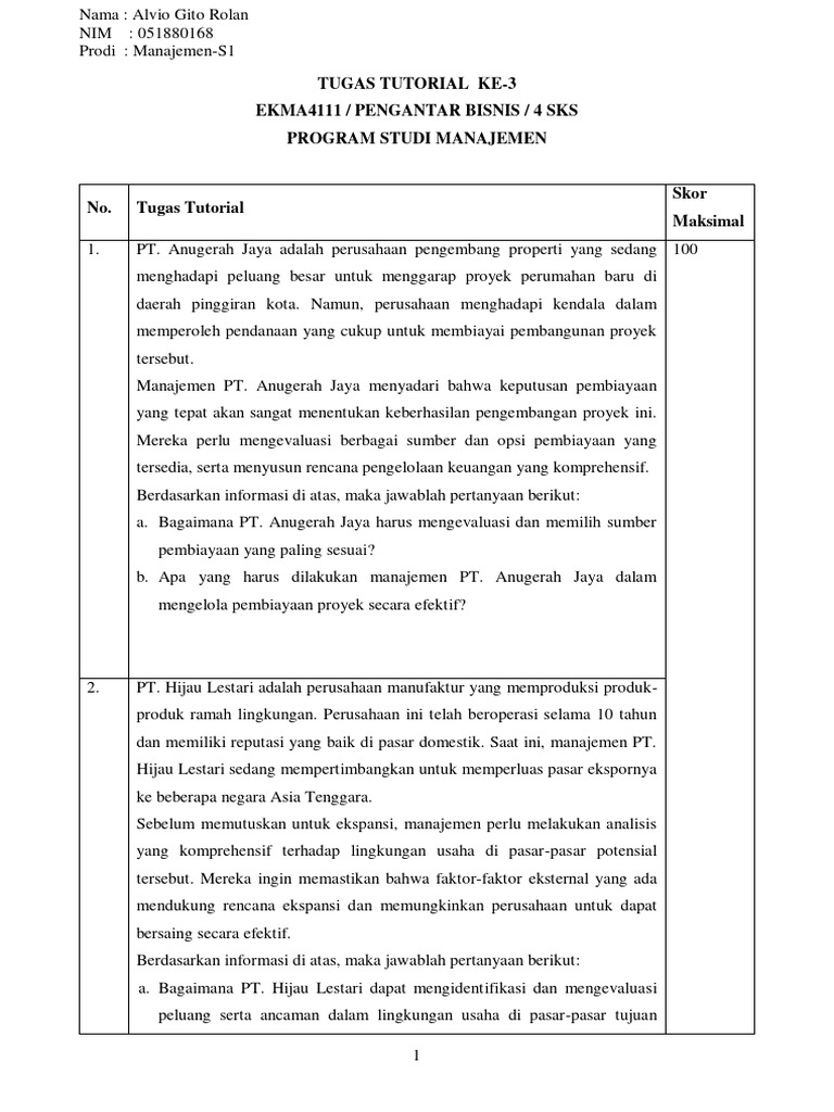 Tugas 3 - Pengantar Bisnis - Alvio Gito Rolan - 051880168 | PDF | Bisnis | Pengelolaan Keuangan ...