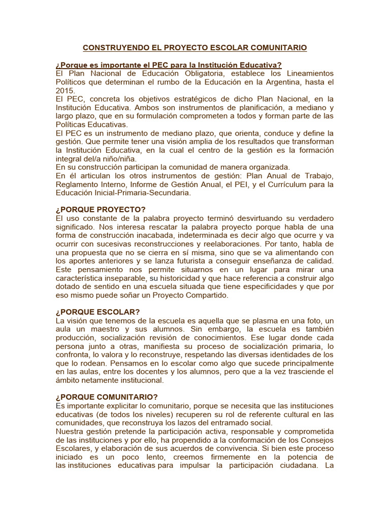 PEC Por - Que - Proyecto Educativo Comunitario | Descargar gratis PDF | Escuelas | Plan de estudios