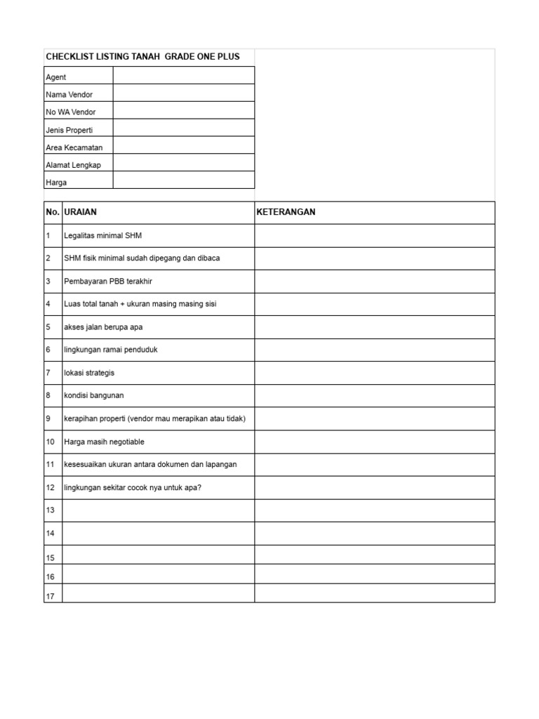 Checklist Listing Tanah Template | PDF