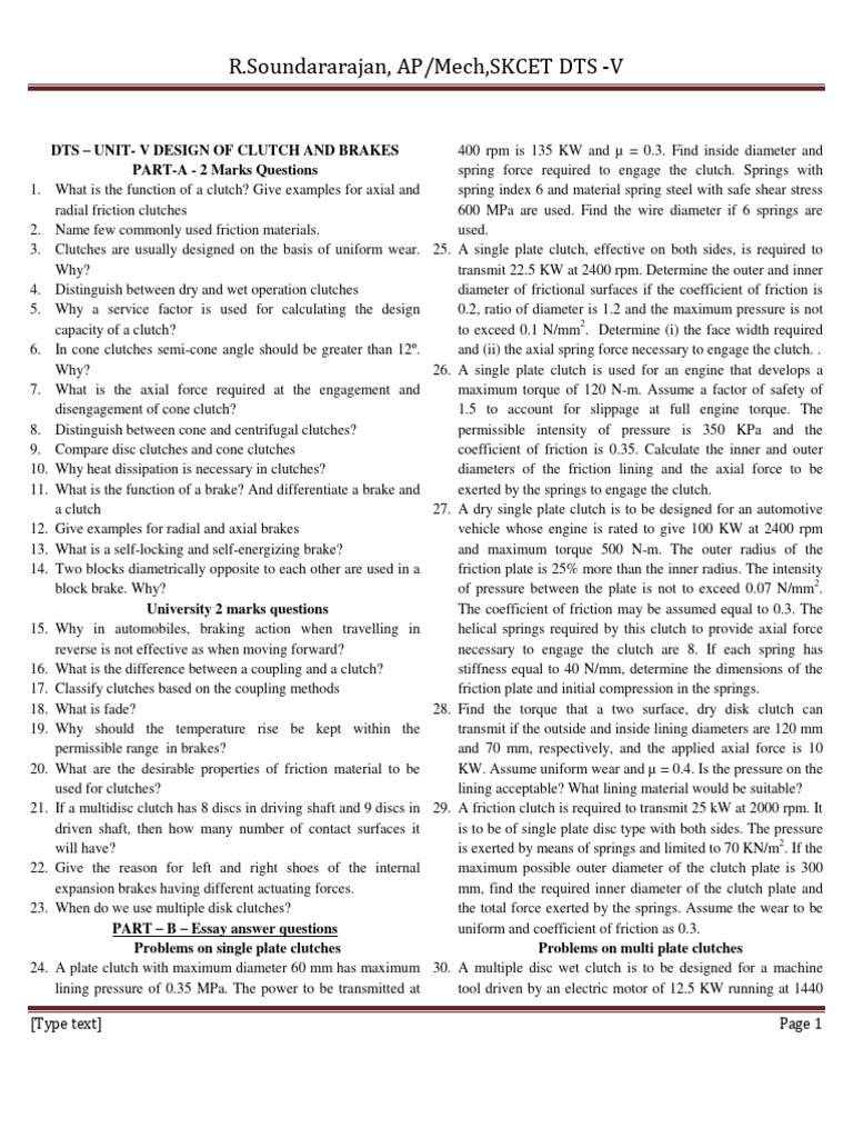 15.DTS Unit-V Questions | PDF | Clutch | Brake