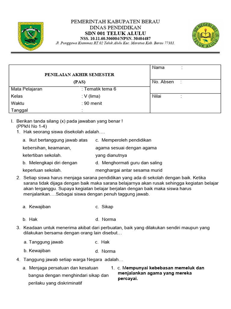 Soal PAS TEMA 6 Kelas 5 SMT 2 | PDF
