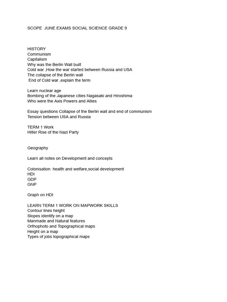 Grade 9 Social Science Exam Scope | PDF
