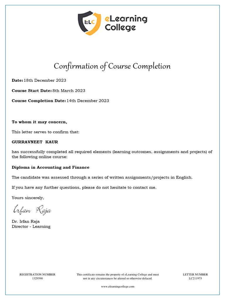 Diploma in Accounting Completion Confirmation | PDF | Career & Growth