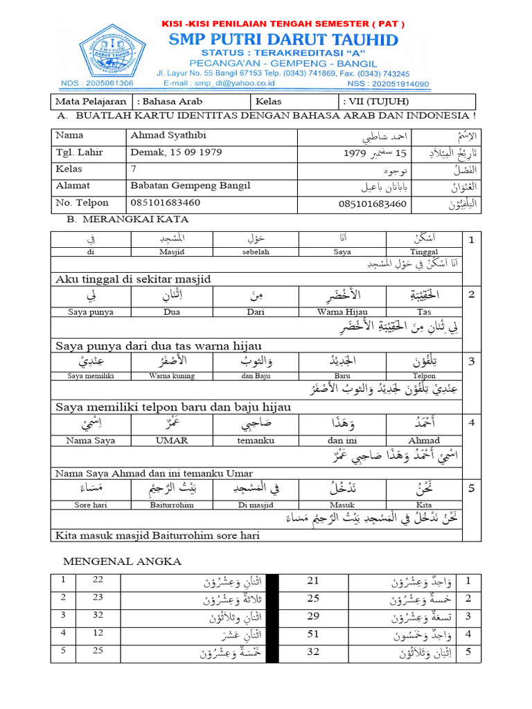 Kisi - Kisi Bahasa Arab Uts | PDF