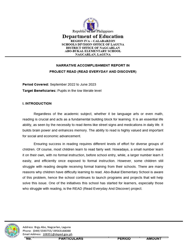 2023 - Narrative Accomplishment Report in Project READ | PDF | Learning ...