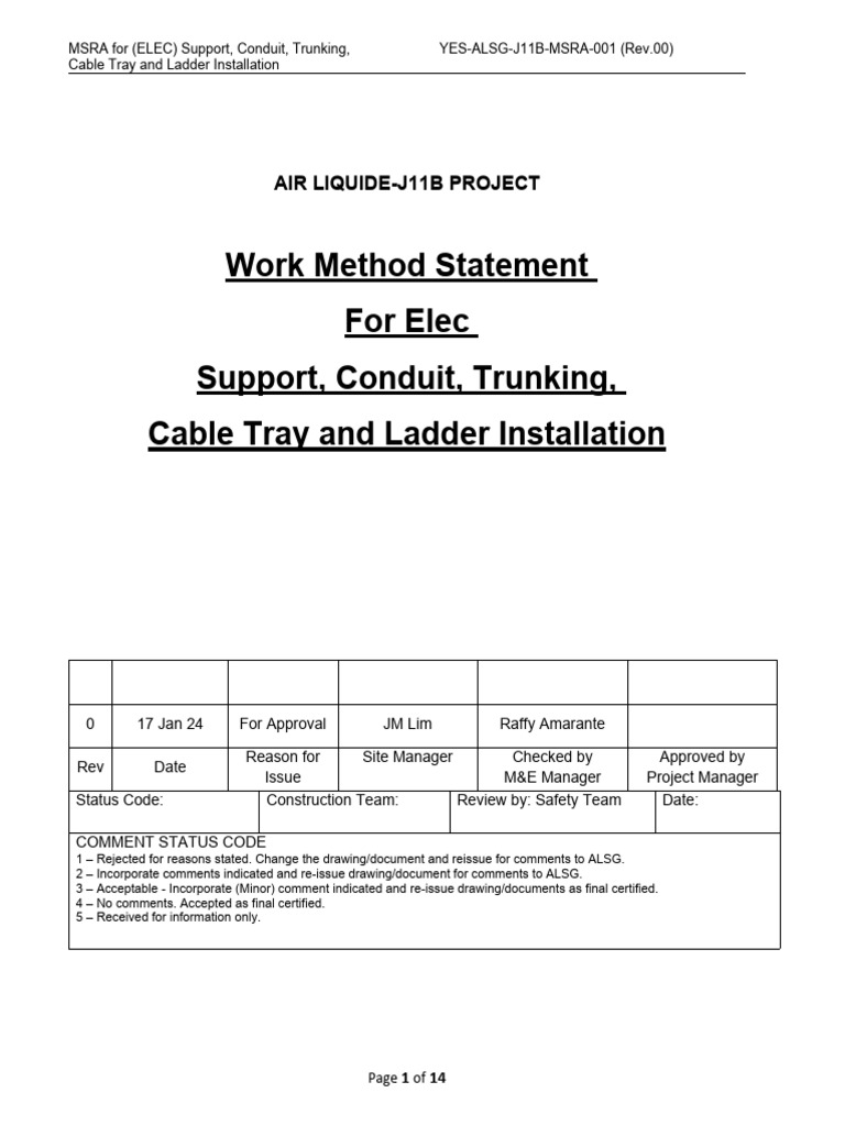 Work Method Statement for Cable Tray Installation | PDF | Drilling | Forklift