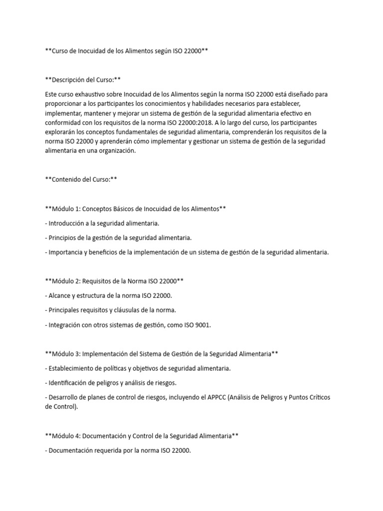 Curso ISO 22000: Inocuidad Alimentaria | PDF | Seguridad alimenticia | Análisis de Riesgo y ...