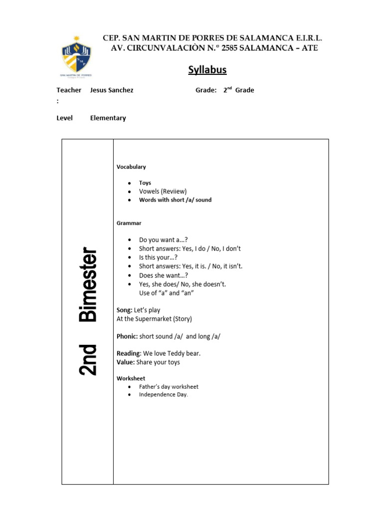 2nd Grade ESL Syllabus: Vocabulary & Grammar | PDF
