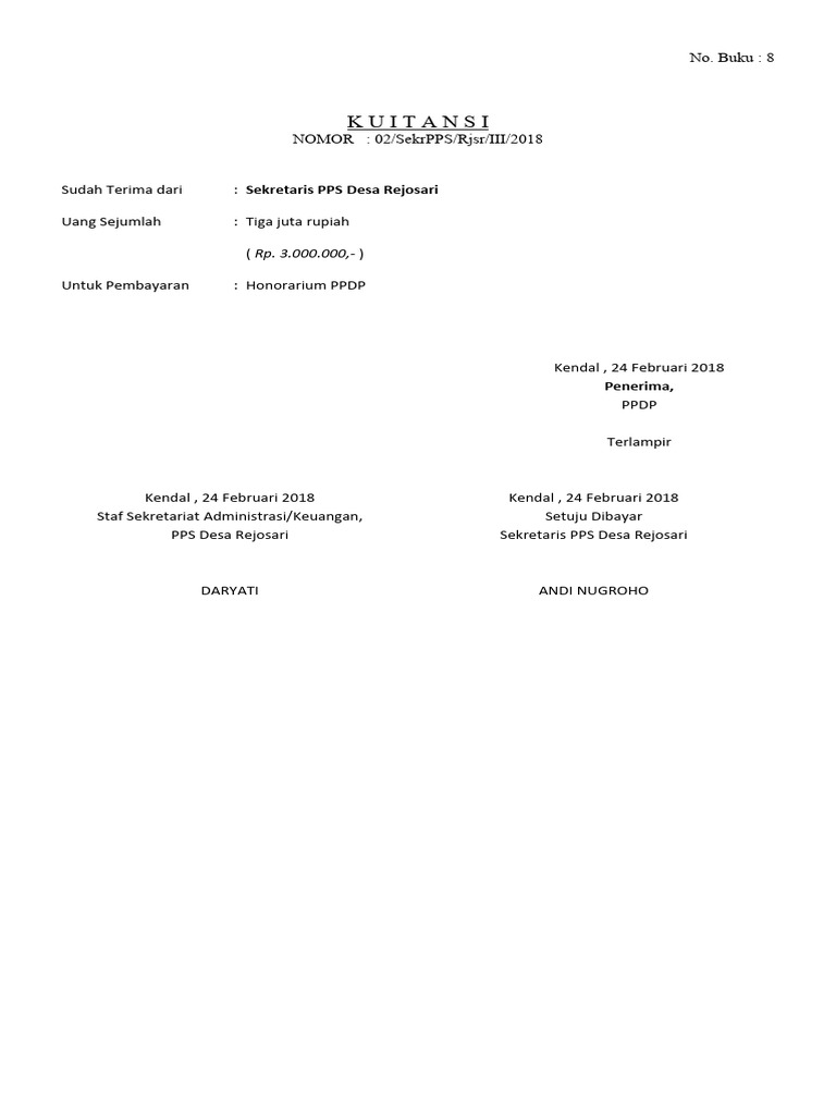Kuitansi Pembayaran PPS Desa Rejosari | PDF