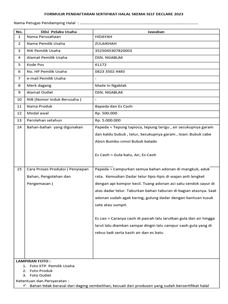 Formulir Pendaftaran Sertifikat Halal (SWD) Bu Julaikhah | PDF