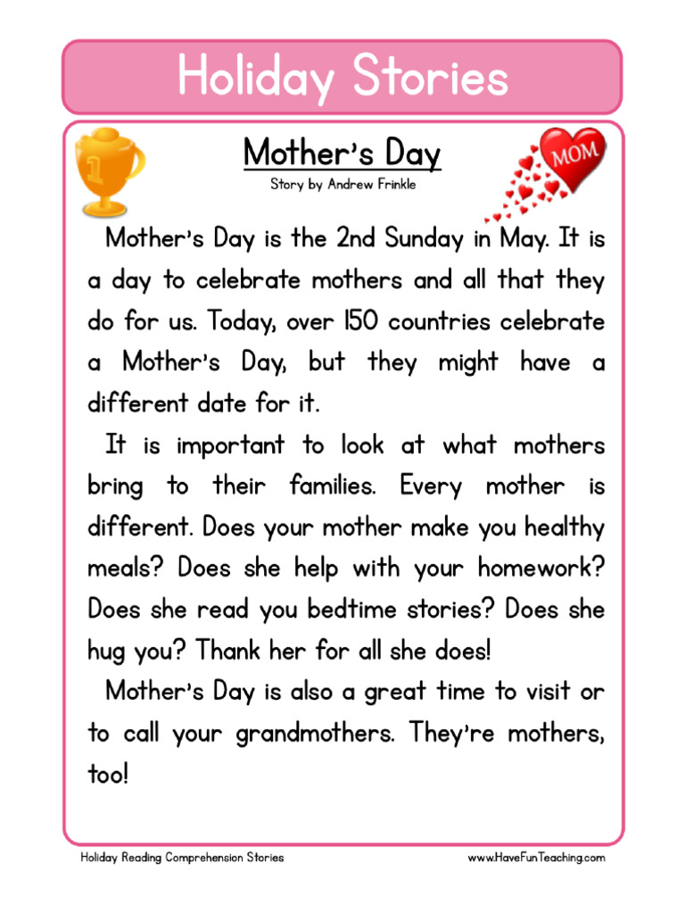 free-holiday-reading-comprehension-mothers-day | PDF