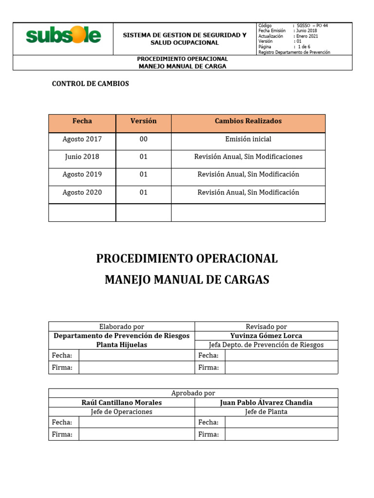 Procedimiento PO 44: Manejo Manual de Carga | PDF | Seguridad y salud ...