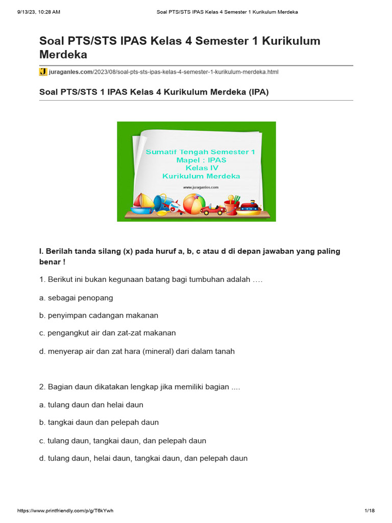 Soal PTS - STS IPAS Kelas 4 Semester 1 Kurikulum Merdeka | PDF | Sains & Matematika