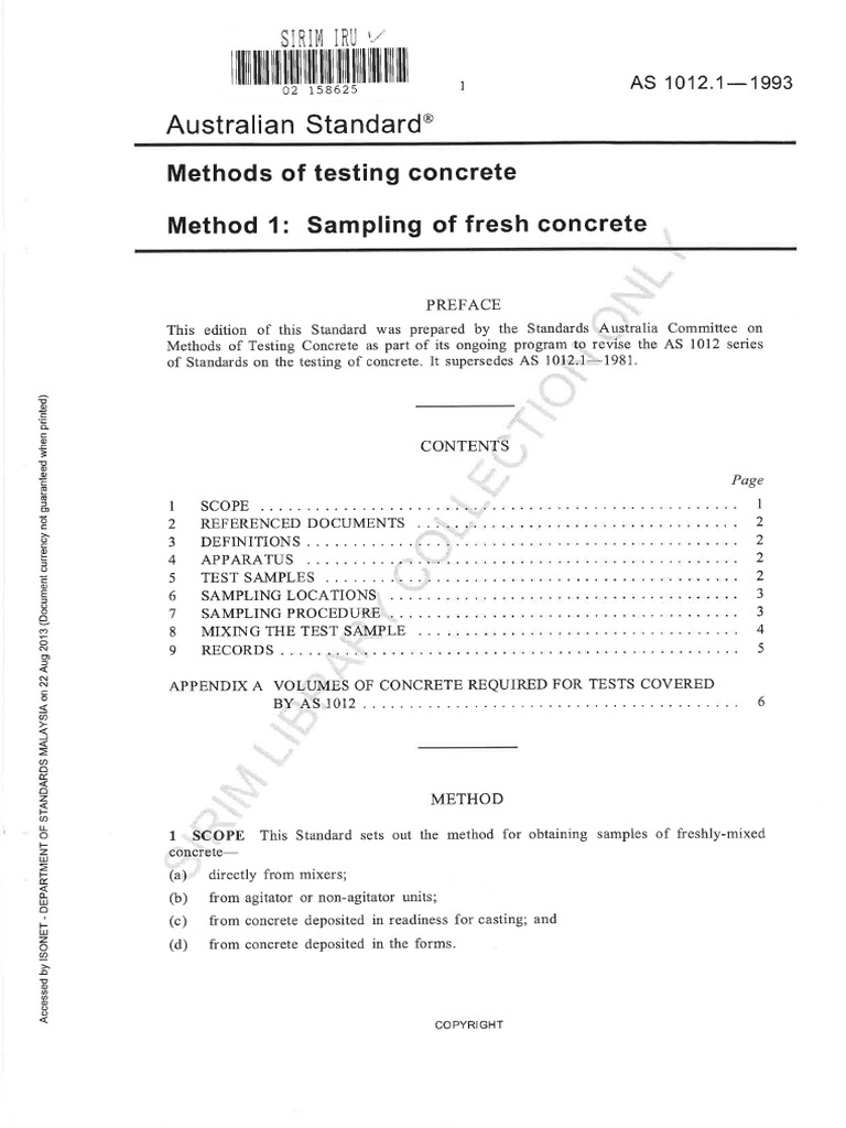 AS 1012.1-1993 Method 1 Sampling of Fresh Concrete | PDF